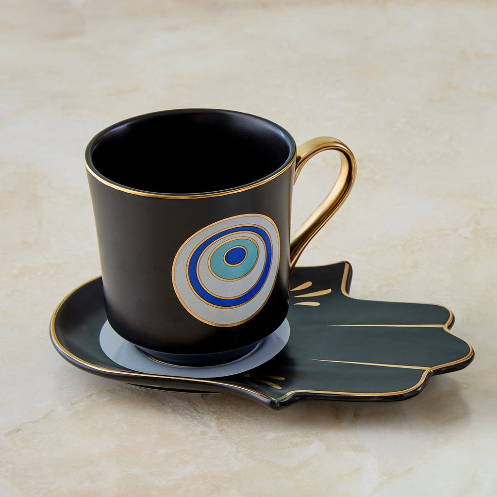 Luxurious Black Evil Eye Mug with Hamsa Saucer - Irony Home – ironyhome