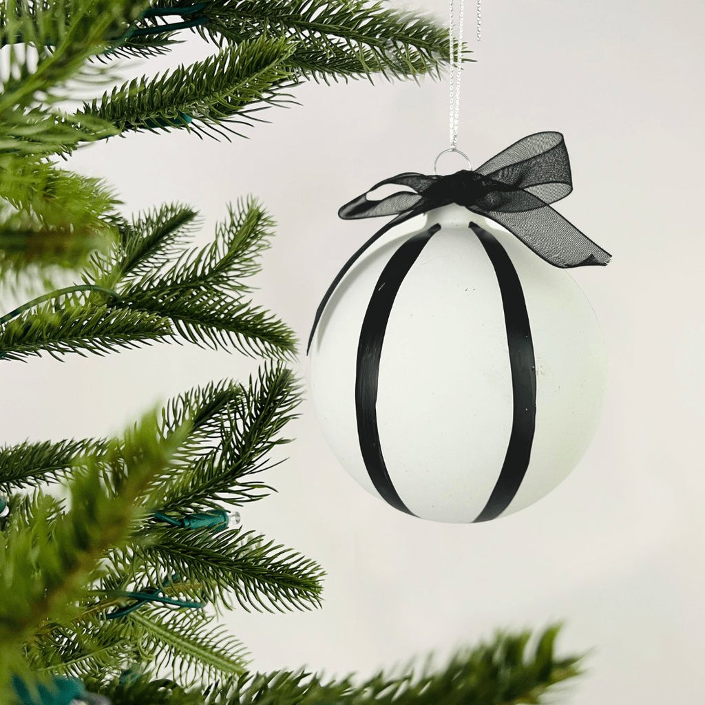 Matte White Ball Ornament with Black Stripes & Ribbon – ironyhome