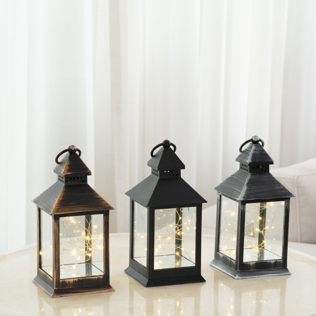 Matte Black Small Lantern with LED Rice Lights - Irony Home – ironyhome